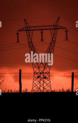 Cinematic horror scenario, deep red sky, with massive black clouds ...