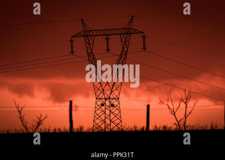 Cinematic horror scenario, deep red sky, with massive black clouds ...