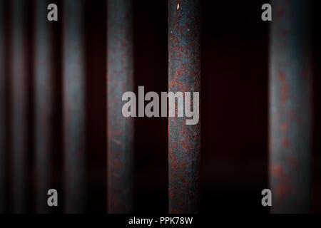 Rusty prison bars in maximum security facility. Darkness, evil ...