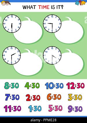 Cartoon Illustrations of Telling Time Educational Activity with Clock ...