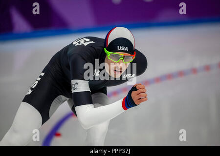 Emery Lehman (USA) competing in the men's 5000m speed skating at the ...