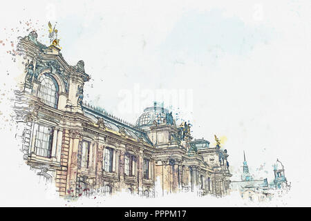 A watercolor sketch or illustration. Germany. Dresden architecture ...
