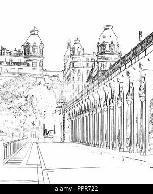 Vector hand drawing Illustration of Pont Saint Michel bridge (Paris ...