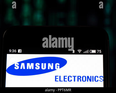 Samsung logo seen displayed on smart phone. Samsung is a South Korean ...