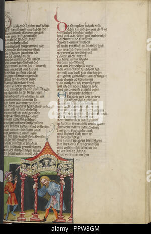 Samson Pulling Down the Pillars of the Palace; Weltchronik, about 1400 ...