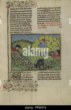 Hunters Driving a Wild Boar into a Pit; Livre de la Chasse, about 1430 ...