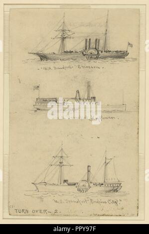 Broadside views of three sidewheel steamships: U.S. Transport Ericcson ...
