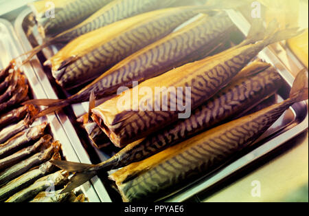 Trays with smoked fish in supermarket of Russian food Stock Photo - Alamy