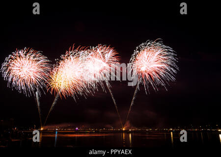 Giant firework fireballs over water surface Stock Photo - Alamy