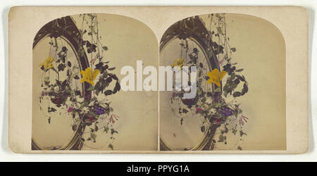 Hanging flower arrangment by a mirror, about 1865, Hand-colored Albumen ...