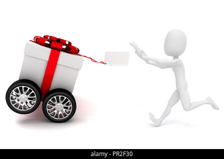 3d man chasing a moving present box, on white Stock Photo - Alamy