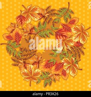 Autumn background with a wreath of red rowan berries and yellow ...