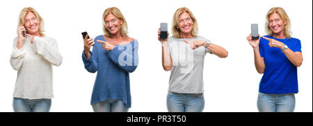 Collage of beautiful middle age blonde woman using smartphone over white isolated backgroud ...
