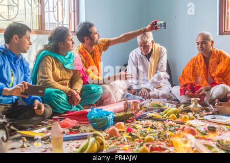 kathmandu,Nepal - Mar 10,2018: A Hindu Family Worshiping god at home ...
