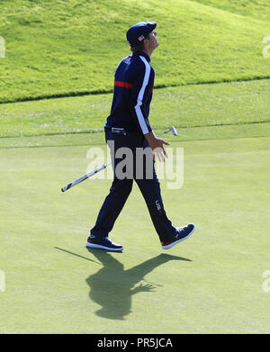 Bryson DeChambeau reacts after missing a putt on the 16th hole during ...