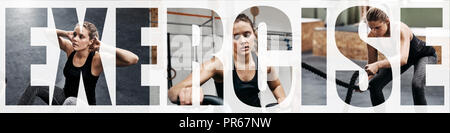 Collage about woman with battle ropes exercise in the fitness gym. The ...