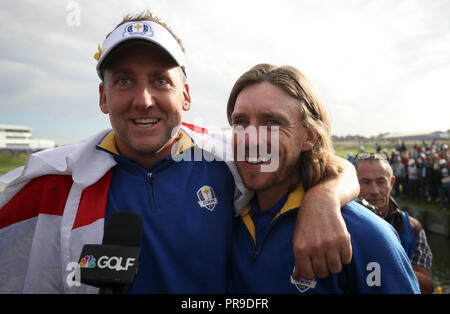 Tommy Fleetwood (left) of Team Europe with captain Luke Donald and ...