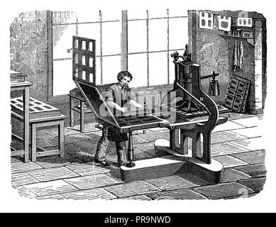 18th century illustration of press printing -ink transferring from the ...