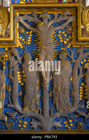 Alabaster reredos made by Ninian Comper. St George Church Brinsop Herefordshire UK. September ...