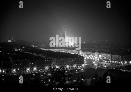 Night-time view of Turin and the river Po from the Collina di Superga ...
