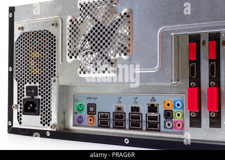 The rear panel of a desktop computer motherboard with visible ...