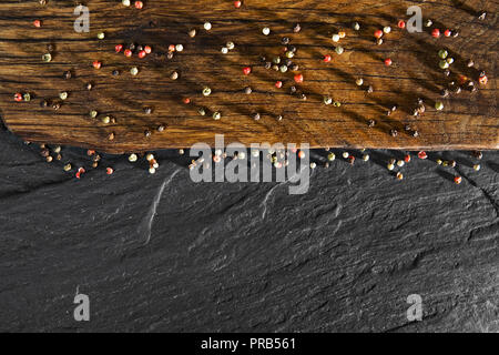 top of brown black wood table with blur party bokeh light in bar or pub ...