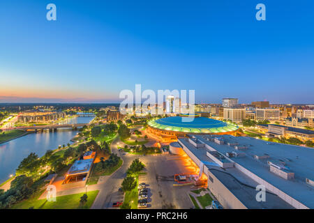 Wichita, Kansas, USA downtown skyline at dusk from the Keeper of the ...