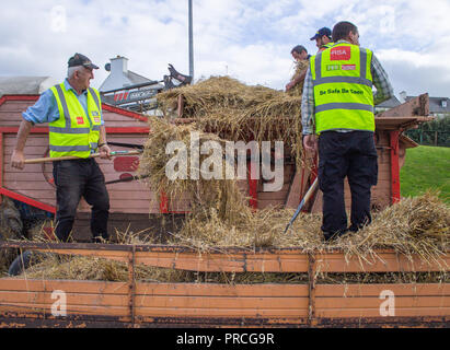 Group of men loading a threshing machine with oats using pitchforks ...