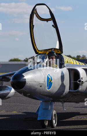 Chris Heames in the cockpit of Folland Gnat F1 having carried out its ...