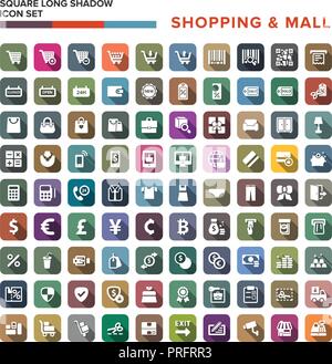 Shopping mall buildings icons. Store exteriors with people pictograms ...