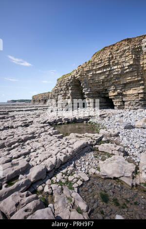 Interbedded limestone and mudstone sedimentary rock strata in cliffs at ...