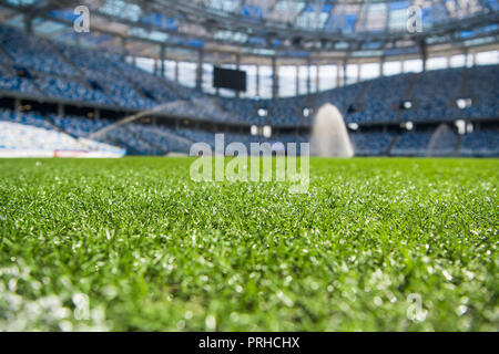Irrigation turf. Sprinkler watering football field. System working on ...