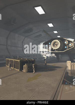 Science fiction space station docking bay with view of a planet through ...