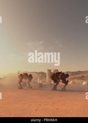 3D Illustration of a Mars outpost colony with a geodesic dome and entry ...