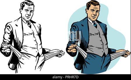 Poor man. Empty pockets . Cartoon character. Vector illustration in ...