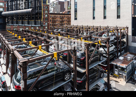 A multi level, stacked car parking system in the Soho area of New York ...