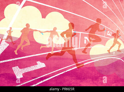 Six athletes running relay race Stock Photo - Alamy