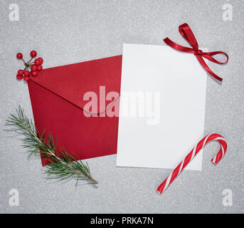 Christmas greeting card with decorated fir tree, gift box and copy ...