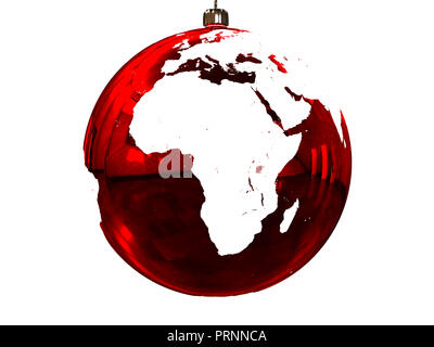 Red Christmas ball with texture of Earths surface facing Europe. 3D ...