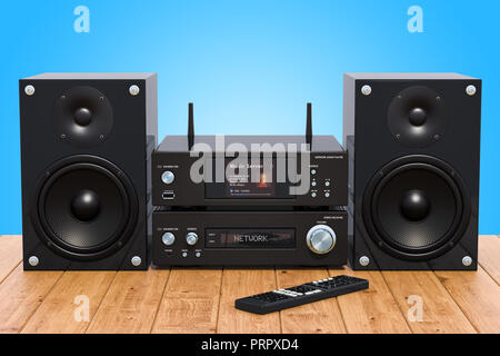 Home stereo system on the wooden table, 3D rendering Stock Photo - Alamy