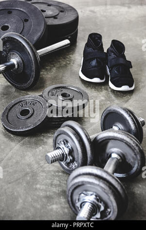 Dumbbells on barbell weight plates, Christmas tree branches on snow ...