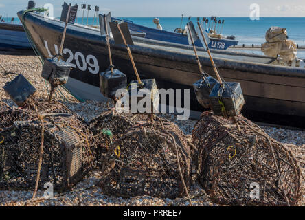 Bognor regis beach with traditional open lobster and crab fishing boat ...