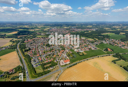 Germany, North Rhine-Westphalia, Sassenberg, Harvester in field, wind ...