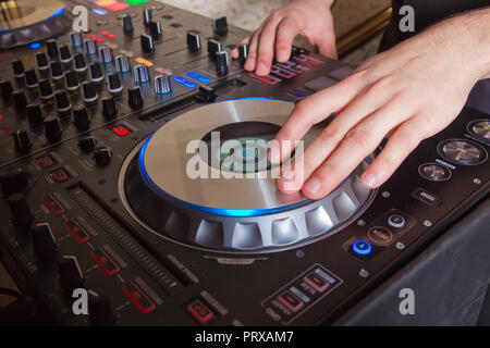 Professional concert dj turntables player device with sound mixer panel ...