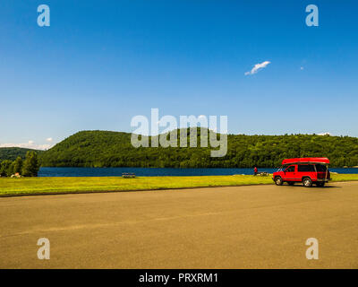 Red Car and Canoe Hogback Dam Hartland, Connecticut, USA Stock Photo ...