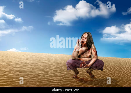 Scary asian male zombie eating corpse isolated over white background ...