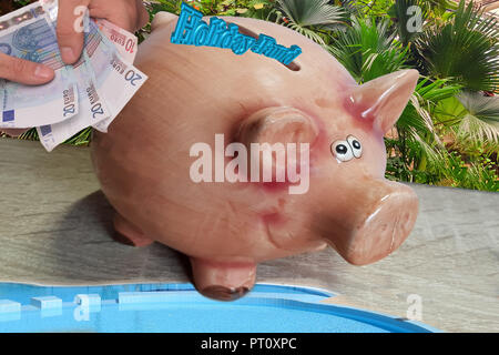 Piggy bank with inscription in English holiday fund Stock Photo - Alamy
