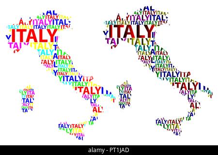 Word cloud in a shape of Italy contains large cities. White text on ...