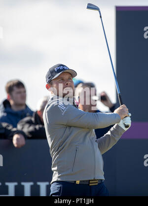 Englands Tyrell Hatton tees off at the 16th hole during day one at ...