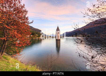 Church tower in Lake Reschen, Graun, Reschen Pass, Vinschgau, South ...